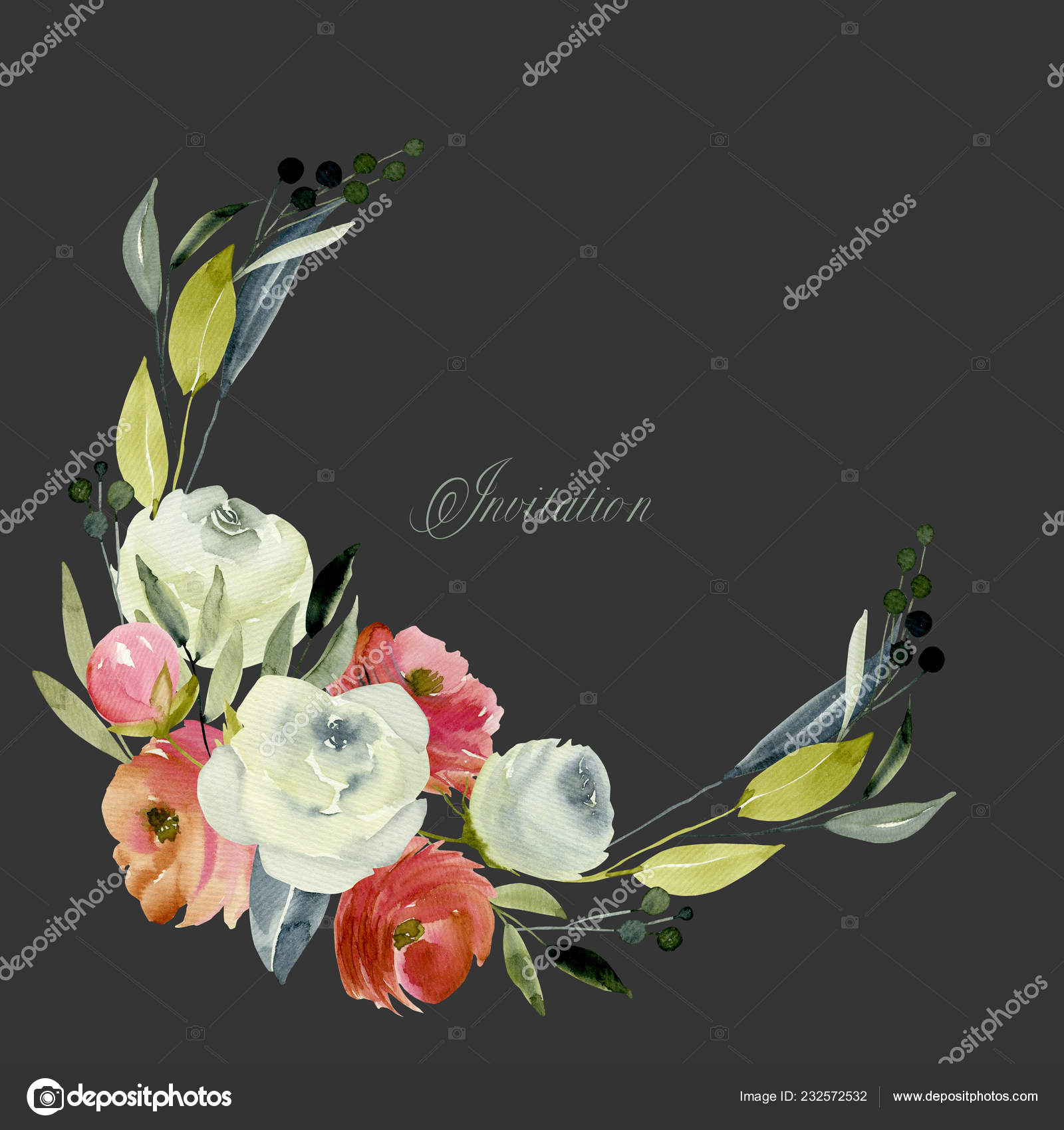 Wreath Frame Border Watercolor Burgundy White Roses Hand Painted Dark ...