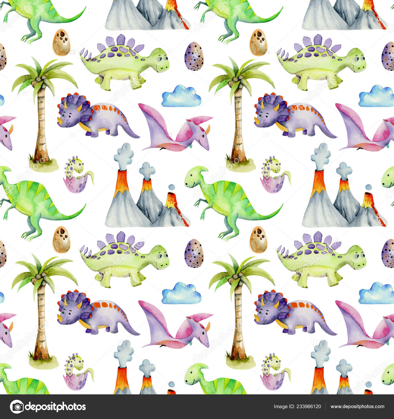 Watercolor prehistoric dinosaurs among volcanoes and palm trees ...