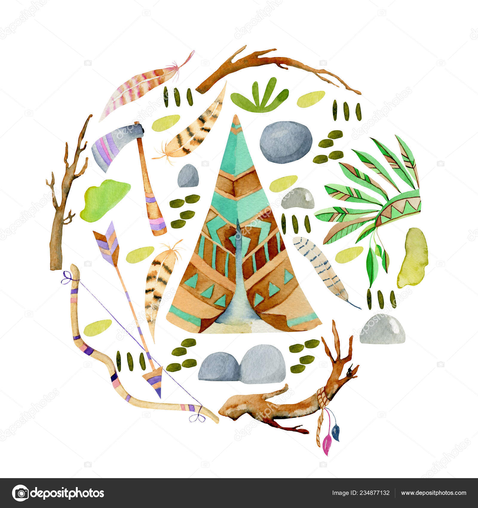 Watercolor wigwams and authentic native american elements round ...