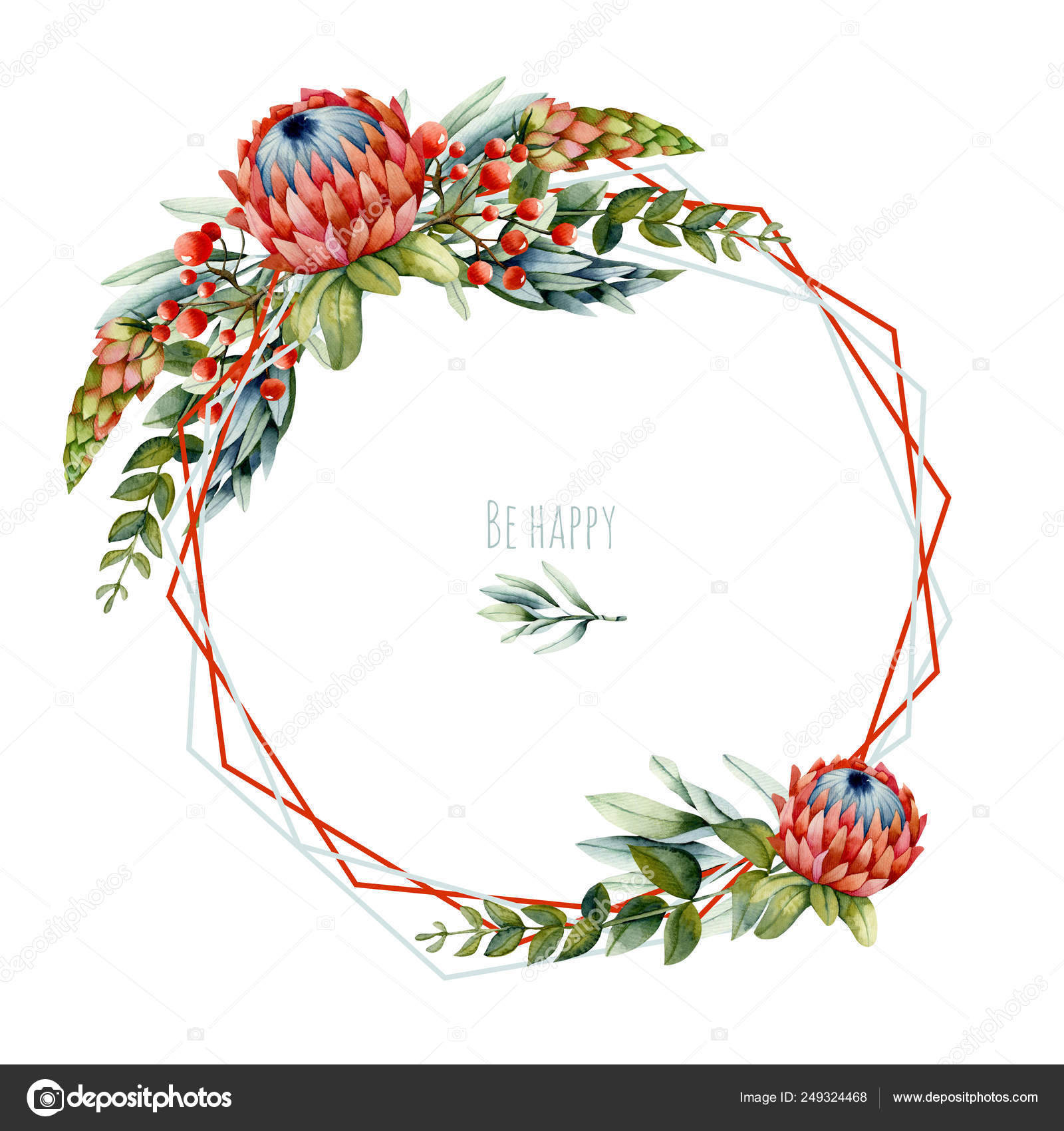 Geometric Frame Watercolor Protea Flower Green Branches Hand Painted ...