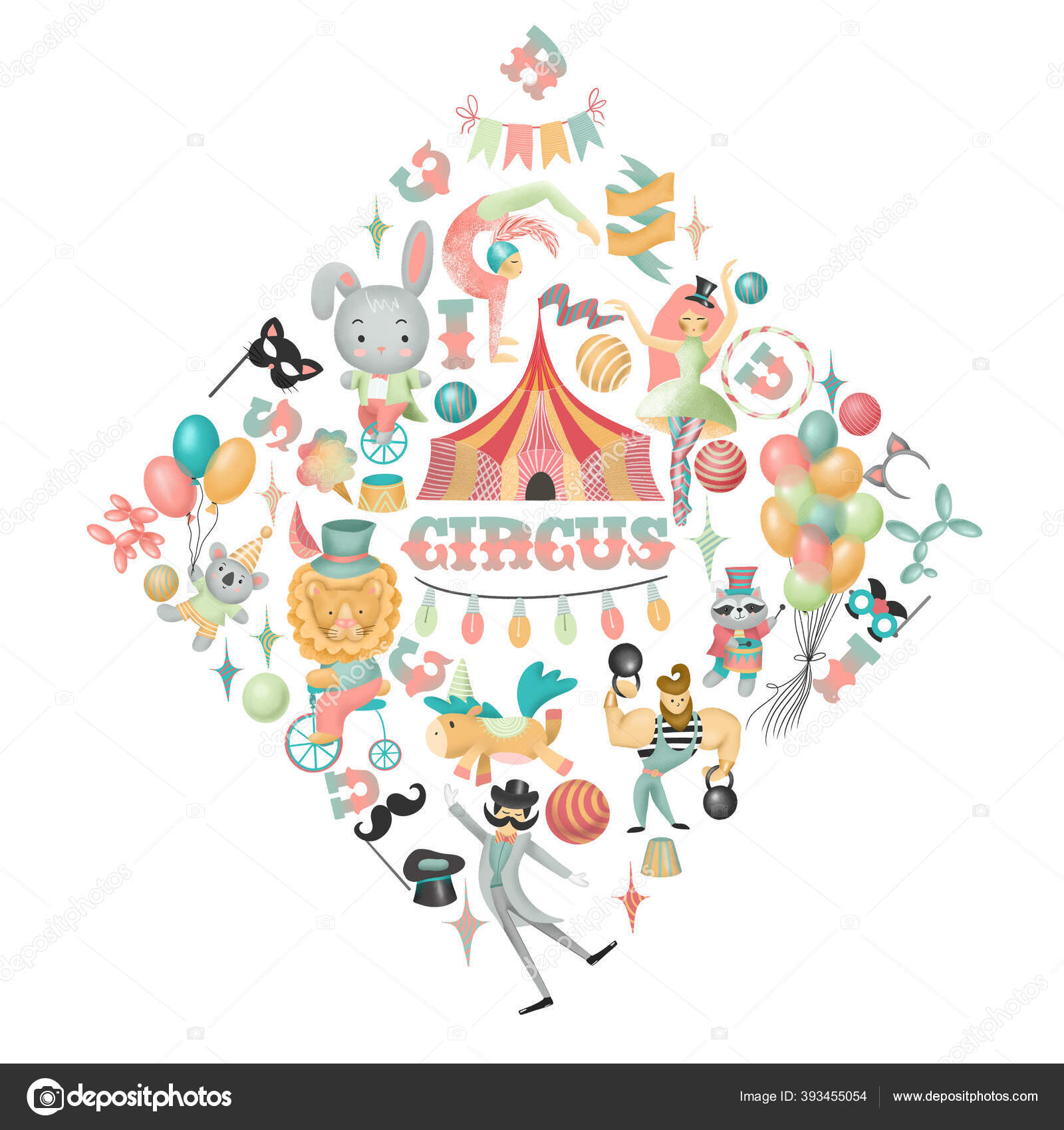 Rhombus Composition Hand Drawn Circus Actors Animals Elements Circus ...