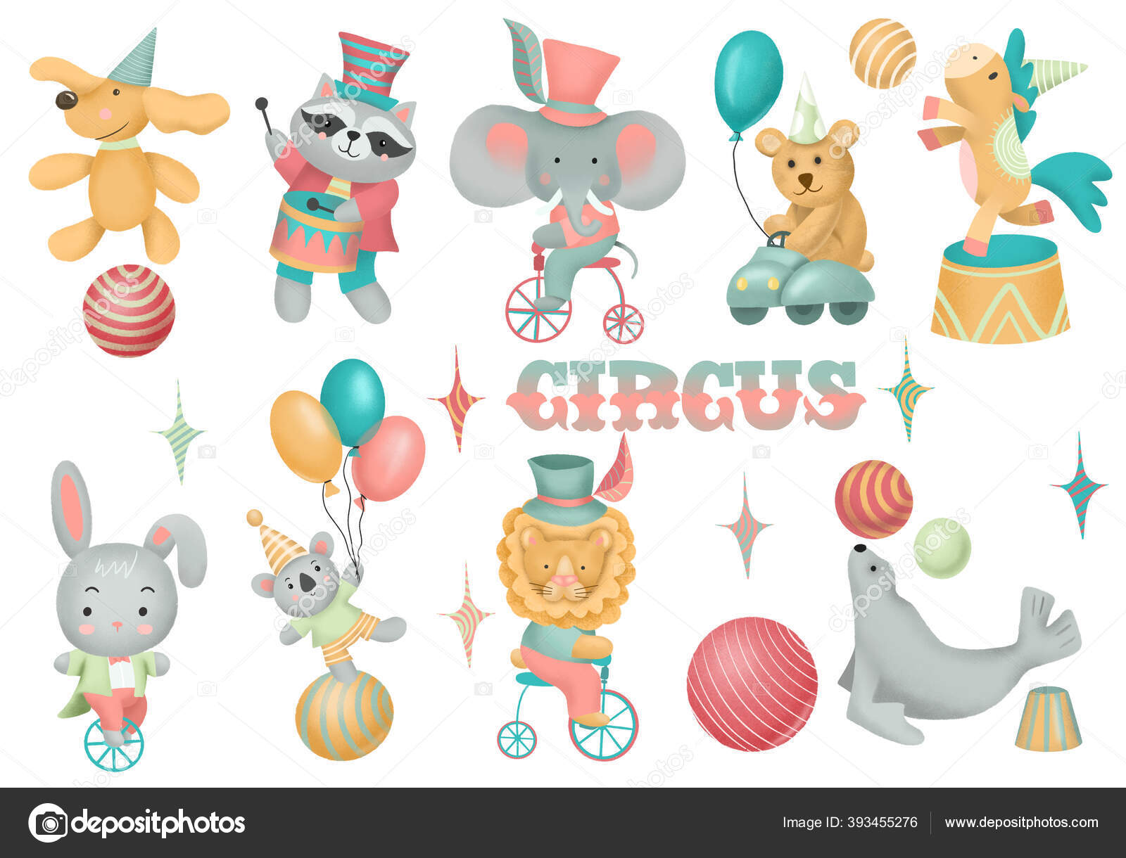 Collection Hand Drawn Circus Animals Isolated Illustration White ...