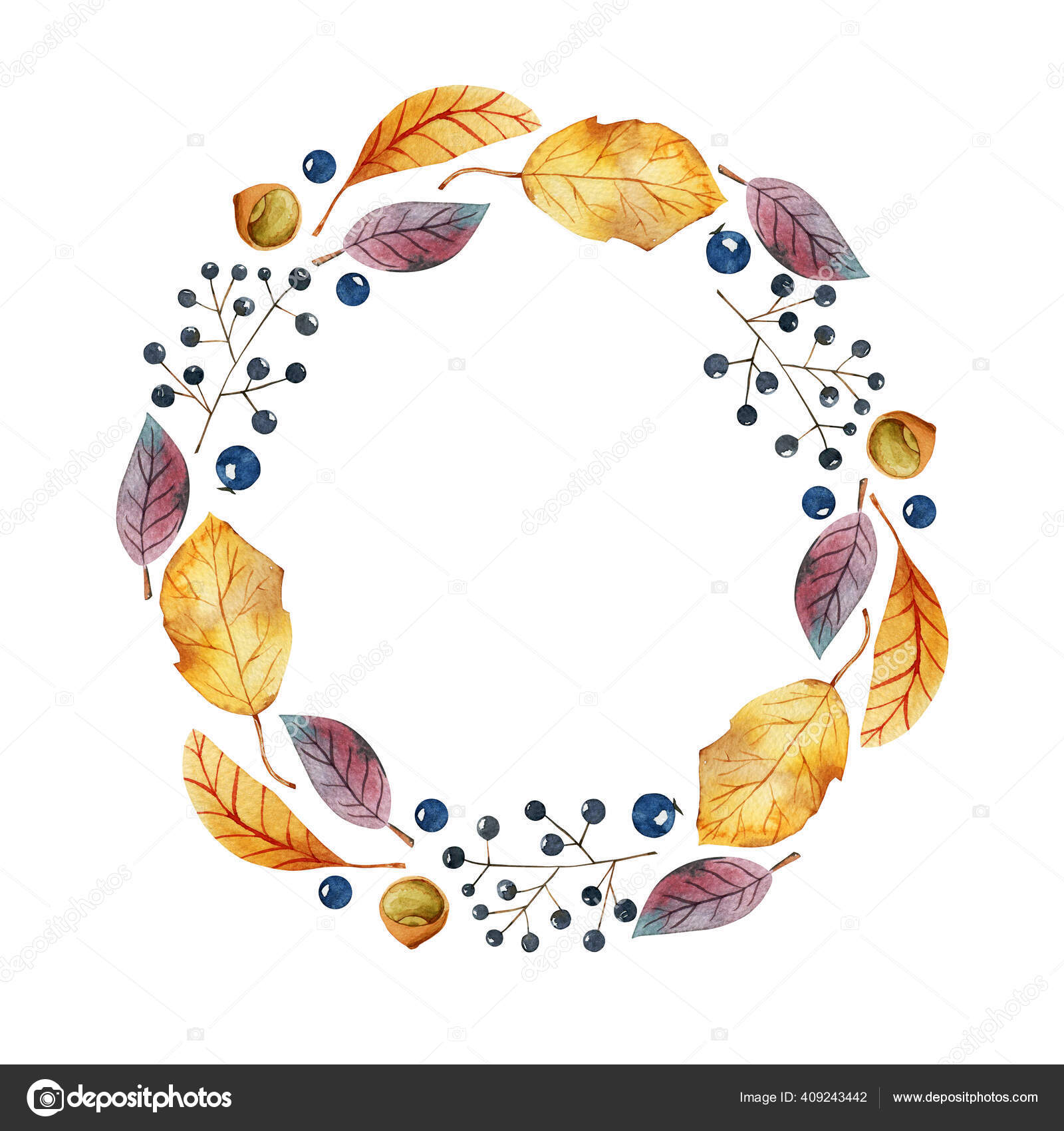 Wreath Watercolor Autumn Tree Leaves Forest Berries Hand Painted ...
