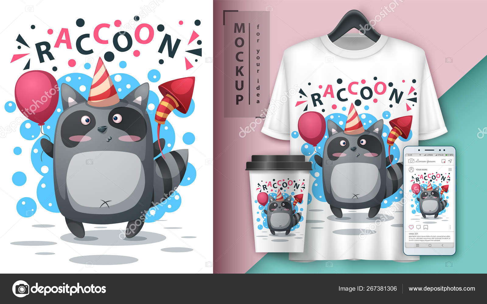 Feliz cumpleaños, mapache - maqueta para su idea . Vector de stock ...