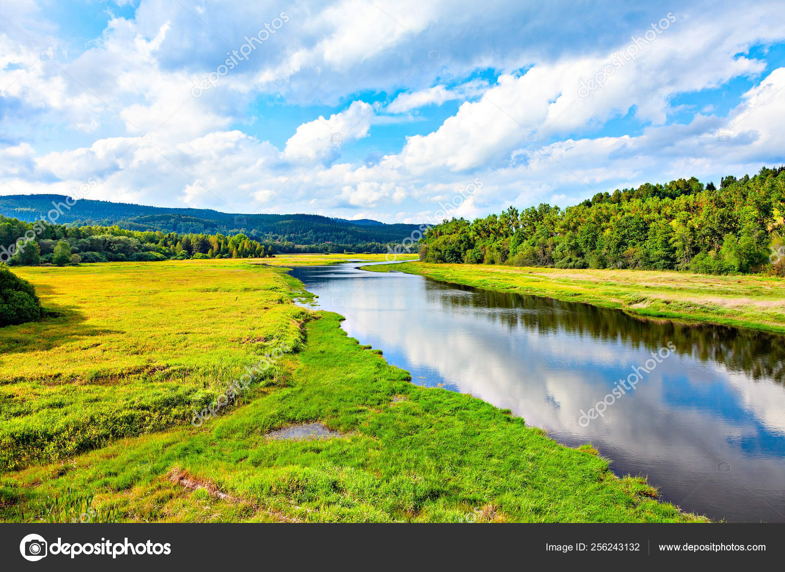 Beautiful natural river landscape with forest and hills. — Stock Photo ...