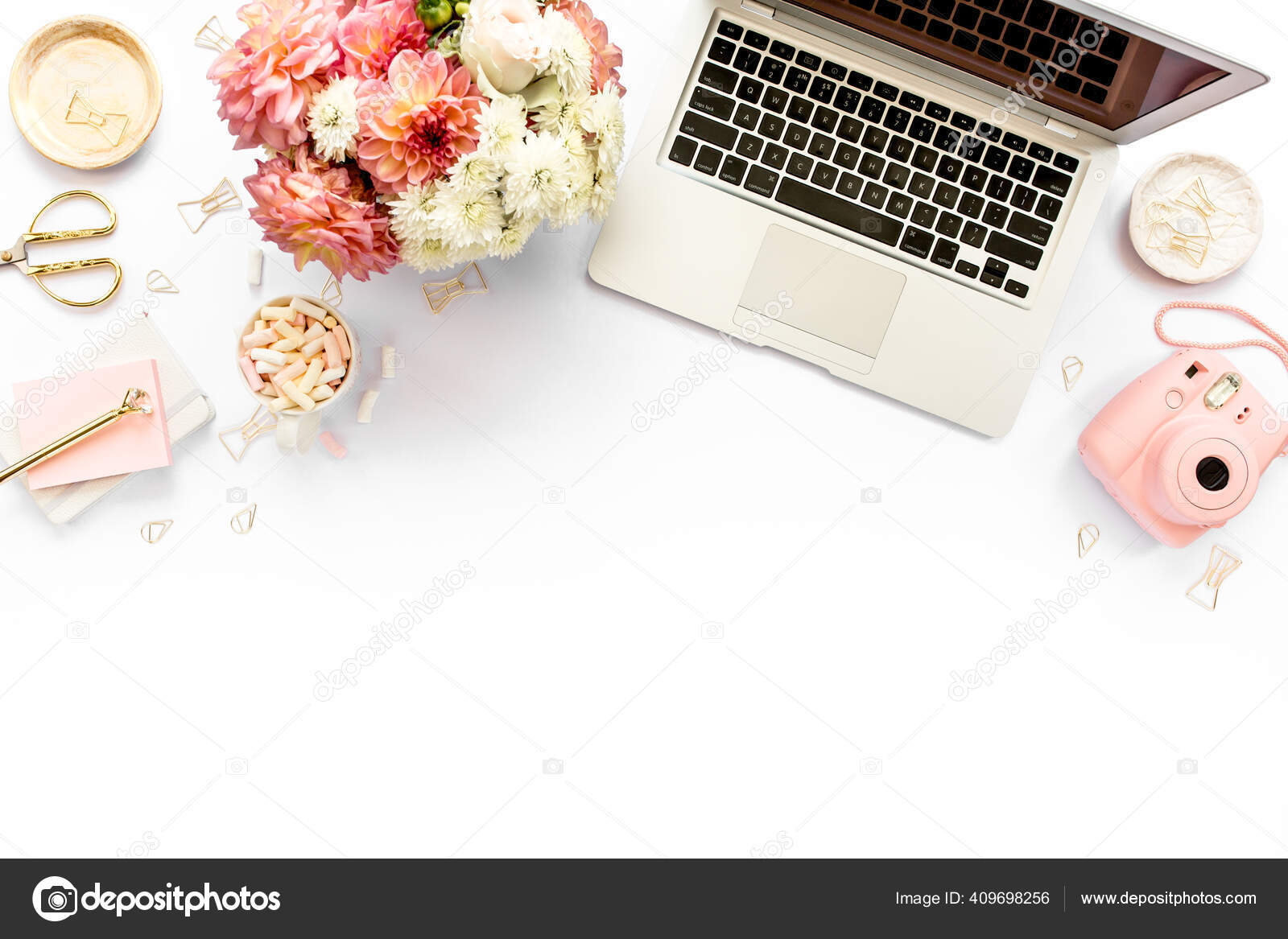 Stylized womens home office desk. Workspace with laptop, computer ...