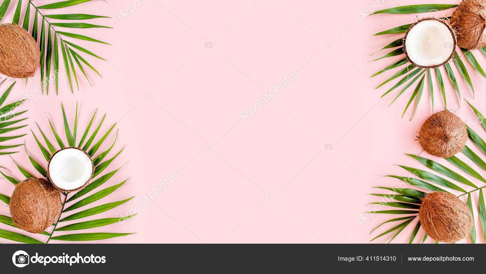 Pattern, frame borders with coconuts and tropical palm leaves on pink ...