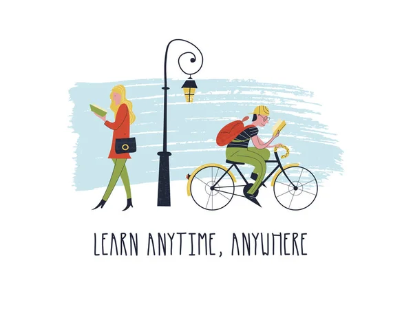 Learn Anytime Anywhere Vector Illustration People Read Books Always ...