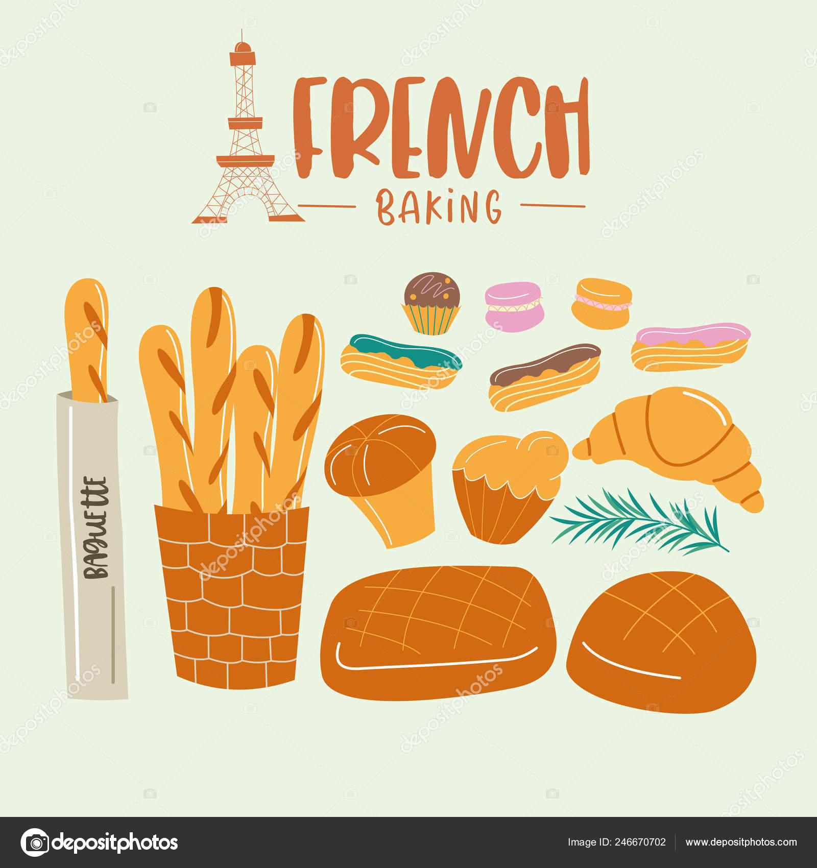 French Bread Vector Illustration Baguettes Basket Cakes Eclairs Colored ...