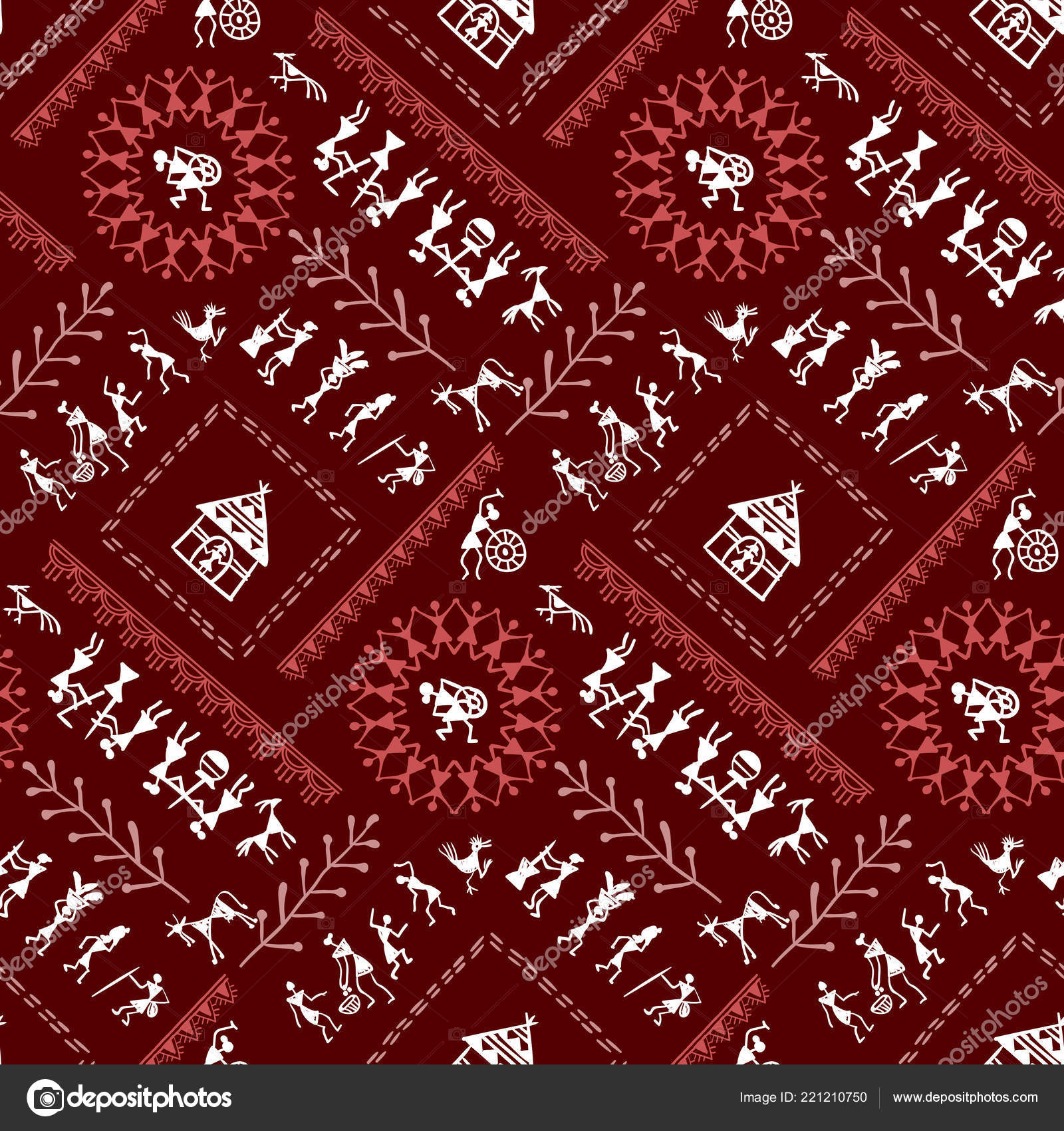 Warli Art Painting Seamless Pattern Hand Drawn Traditional Ancient ...