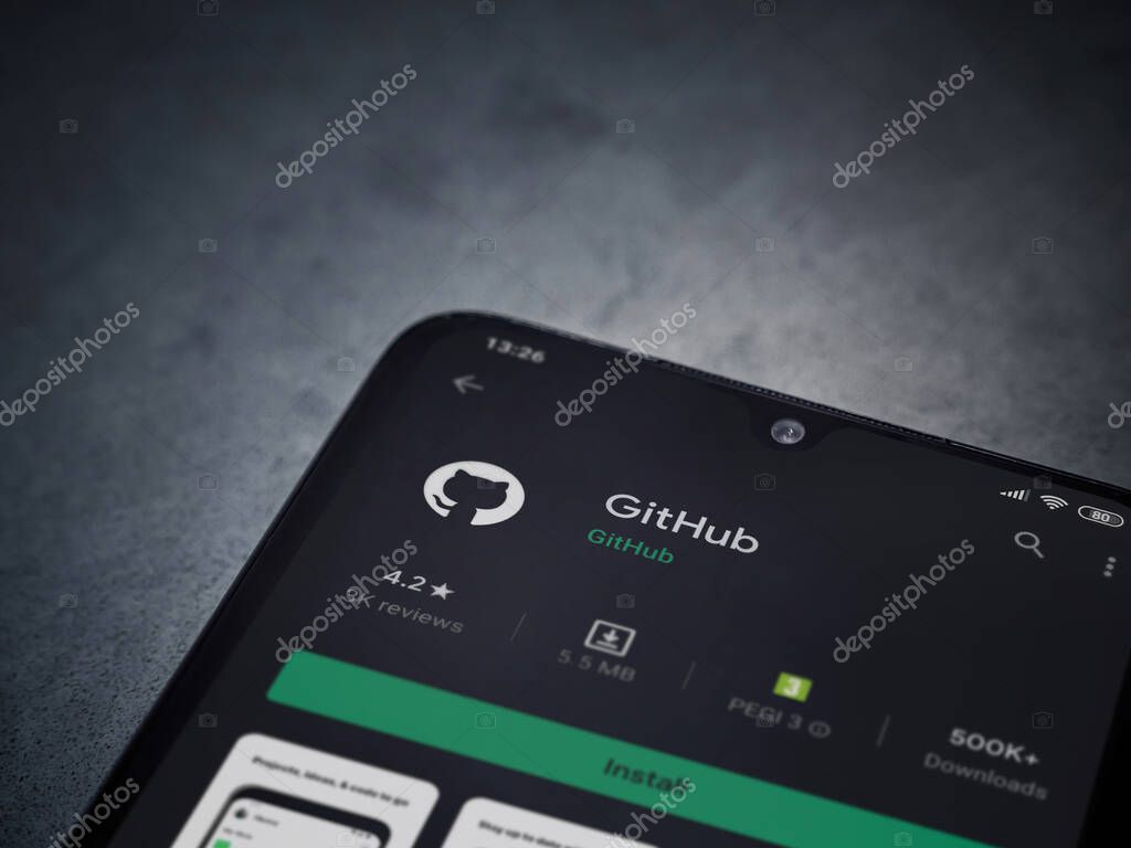 Lod, Israel - 8 de julio de 2020: GitHub app play store page on the display of a black mobile ...