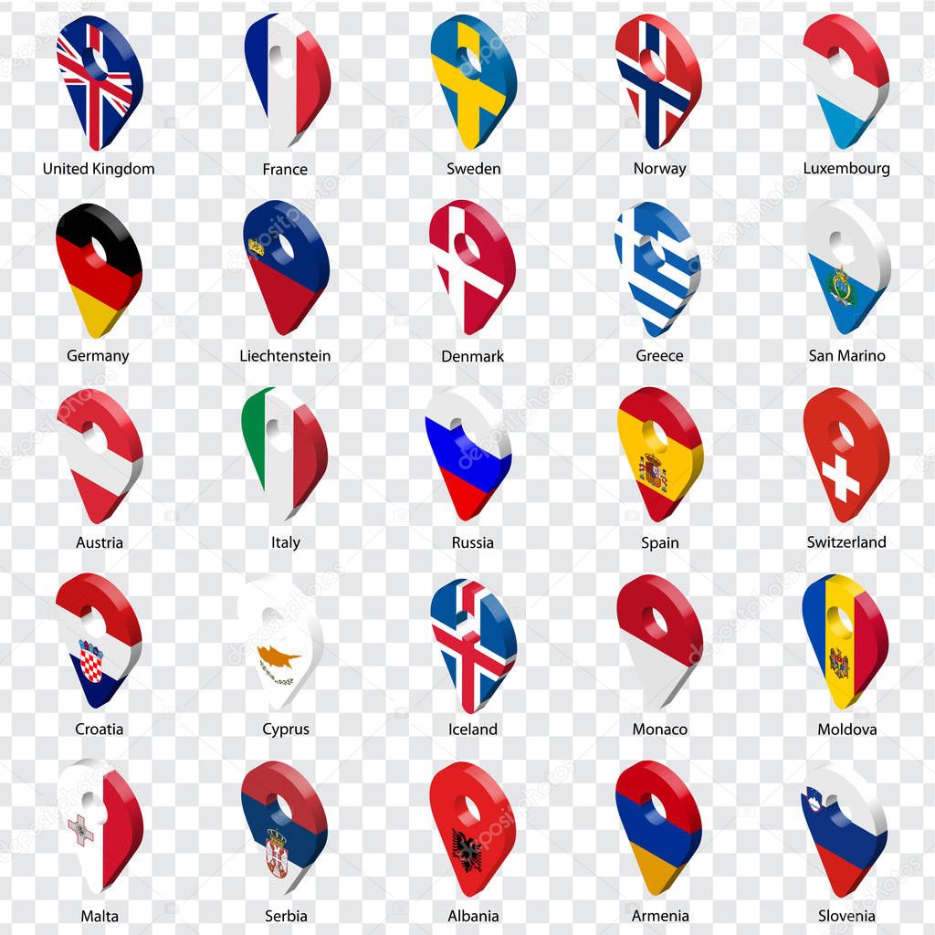 Signos de geolocalización 3D de veinticinco países europeos con ... Signos de geolocalización 3D de veinticinco países europeos con ...