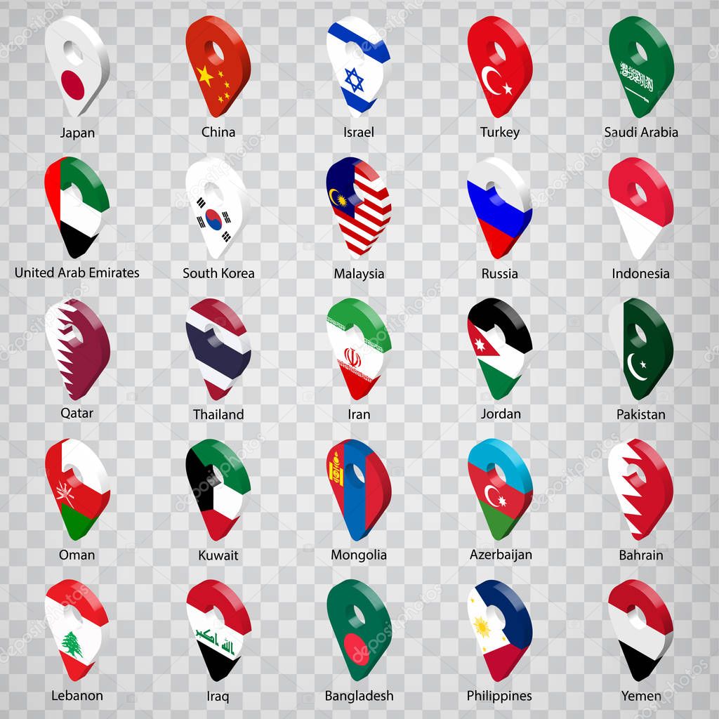 Signos de geolocalización 3D de veinticinco países asiáticos con ... Signos de geolocalización 3D de veinticinco países asiáticos con ...