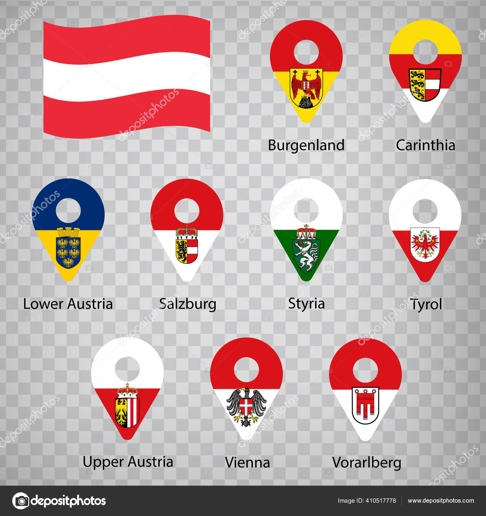 Nine Flags Provinces Austria Alphabetical Order Name Set Geolocation ...