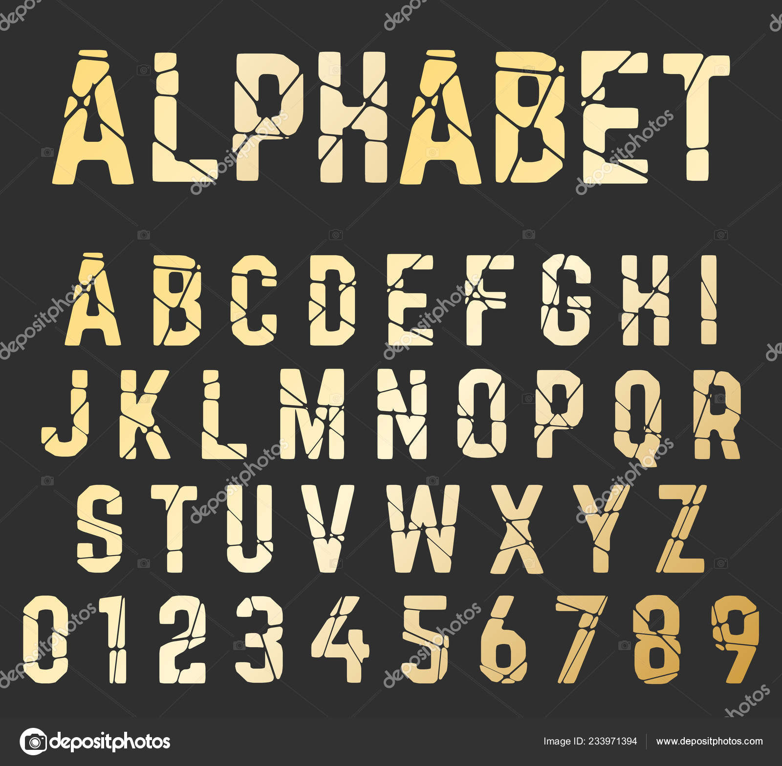 Broken font alphabet. Set of letters and numbers cracked design Stock ...