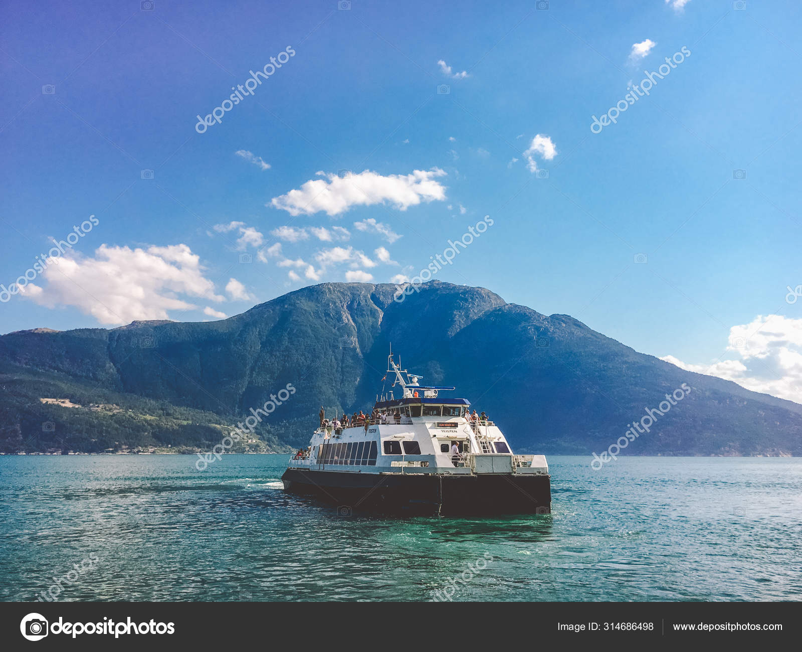 July 27, 2019 Norway. Utne. Ferry boat transportation Norway. White ...