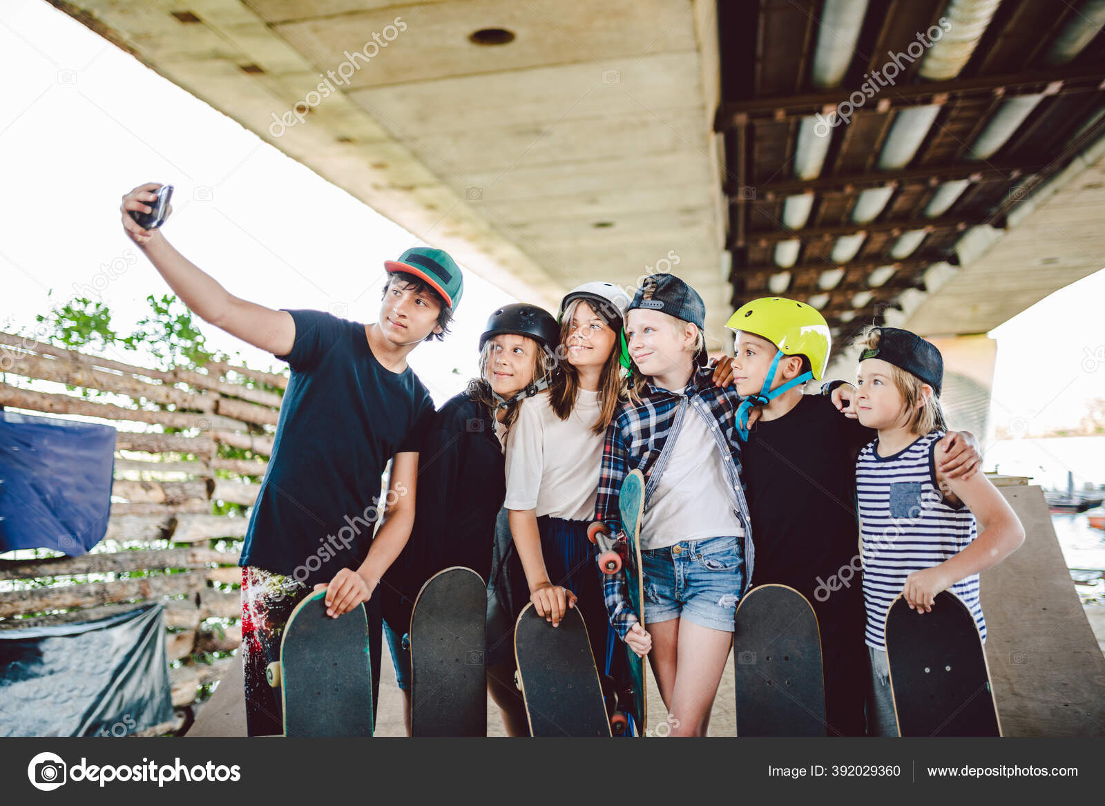 Group Friends Skateboarders Taking Selfie Phone Skate Park Large Group ...