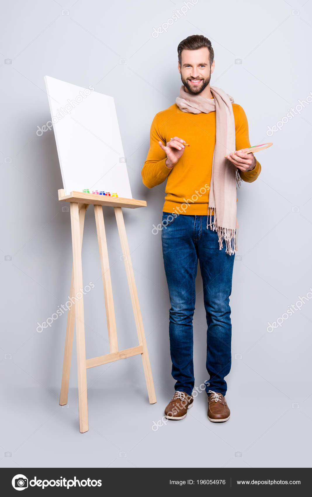 Full Size Body Portrait Joyful Trendy Artist Scarf Neck Hairstyle Stock ...