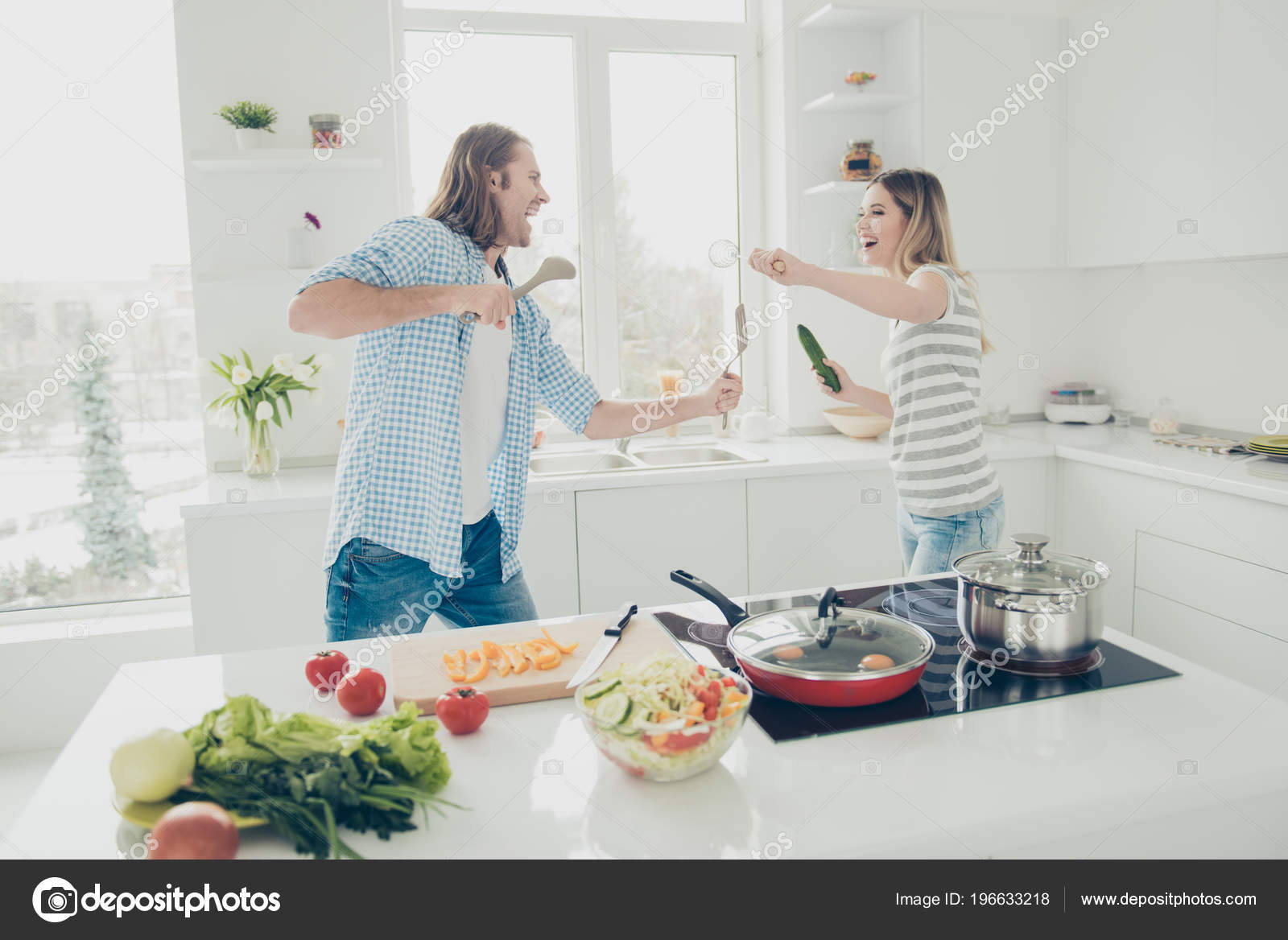 Portrait Cheerful Positive Partners Using Kitchenware Vegetables ...