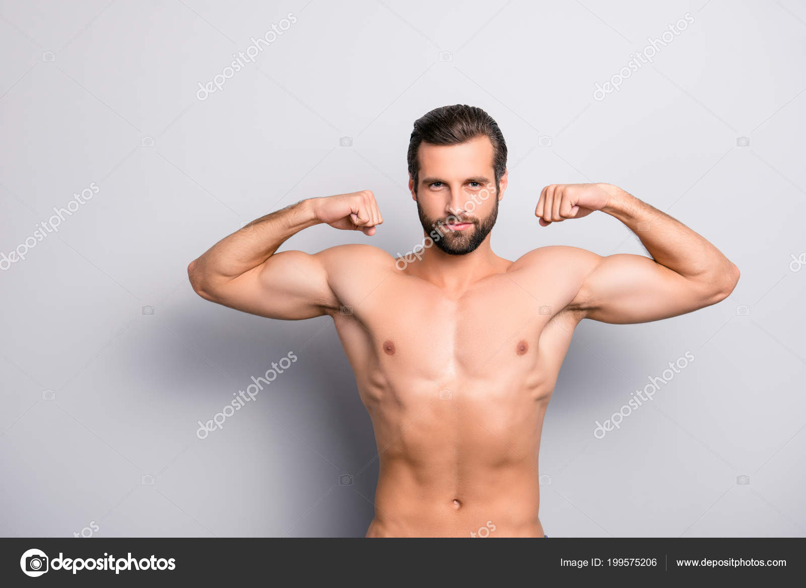 Portrait Sexy Handsome Attractive Muscular Strong Man Demonstrating His ...