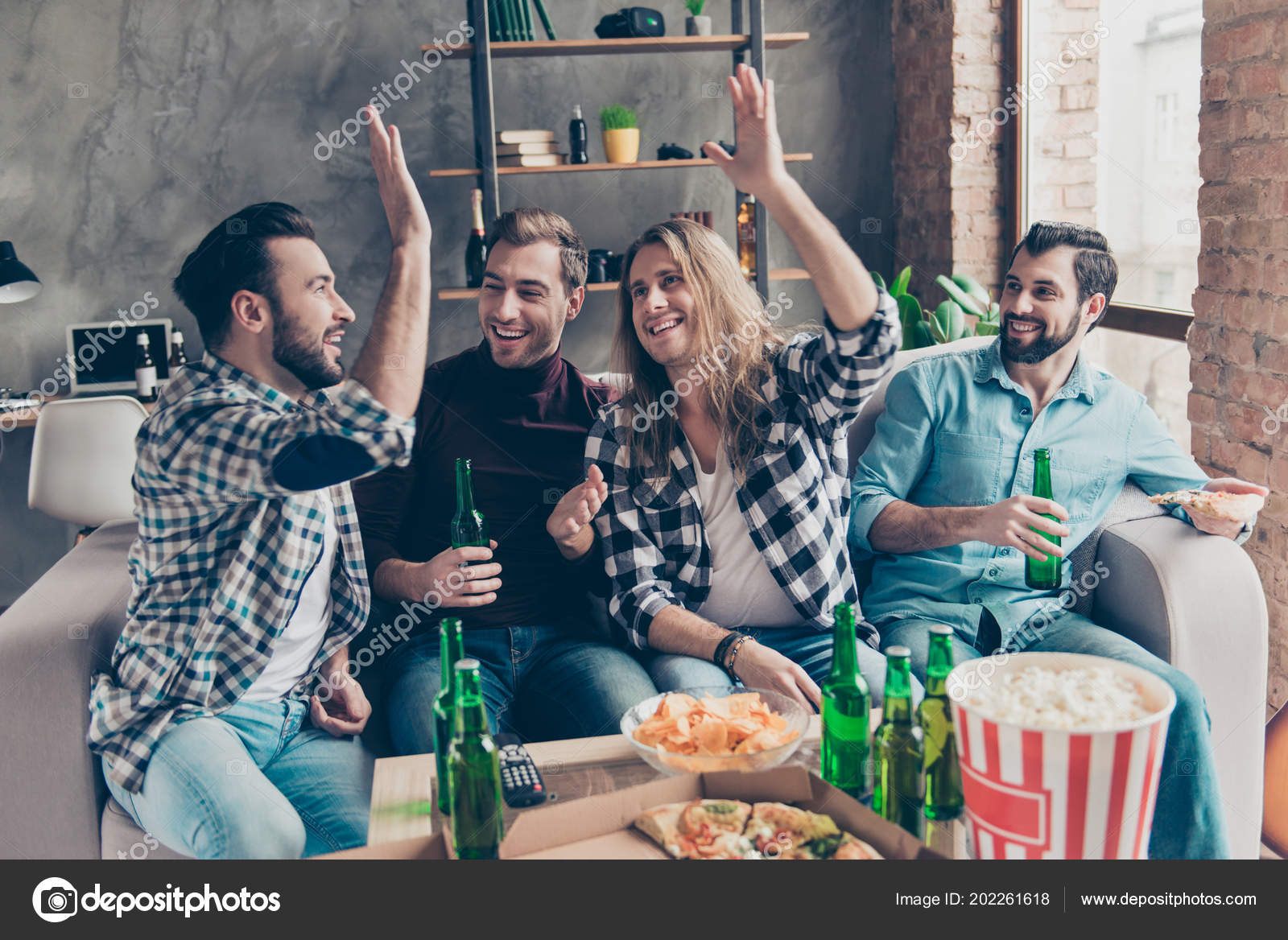 Give Five Attractive Successful Guys Clapping Palms Congratulate Each ...