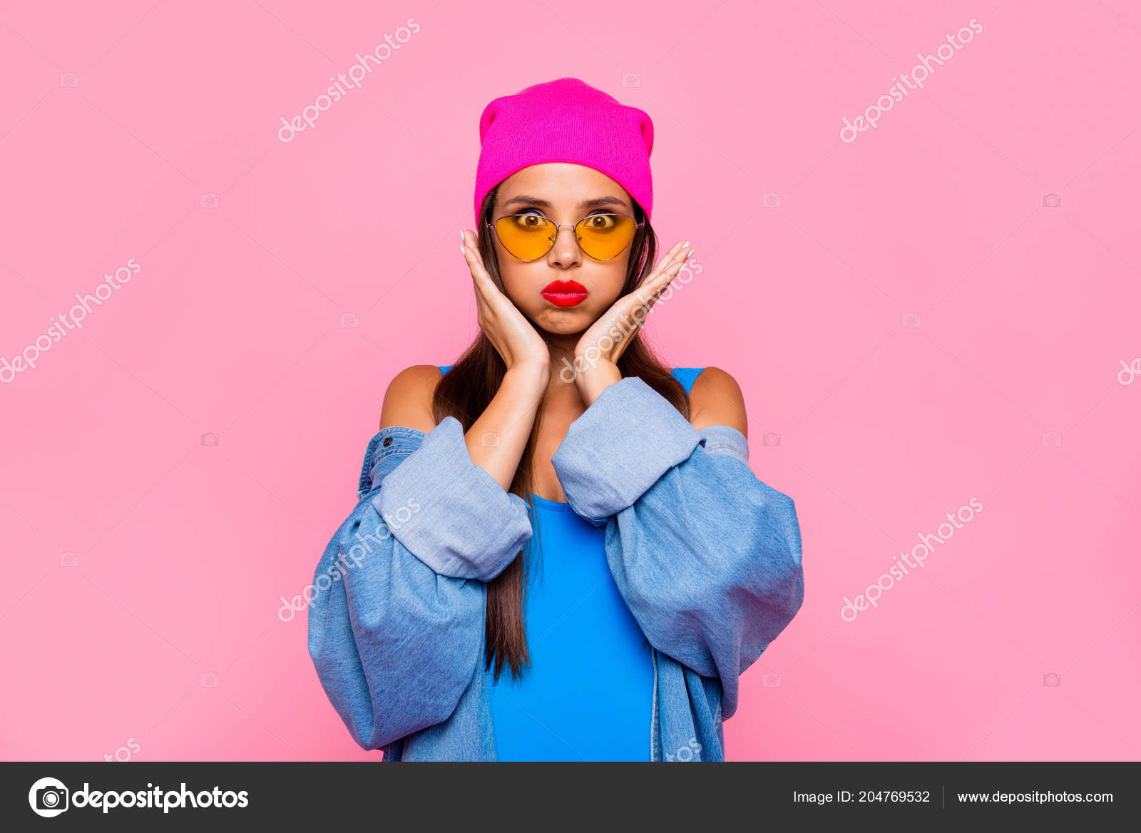 Close Portrait Funny Foolish Young Girl Puffed Her Cheeks Hold Stock ...