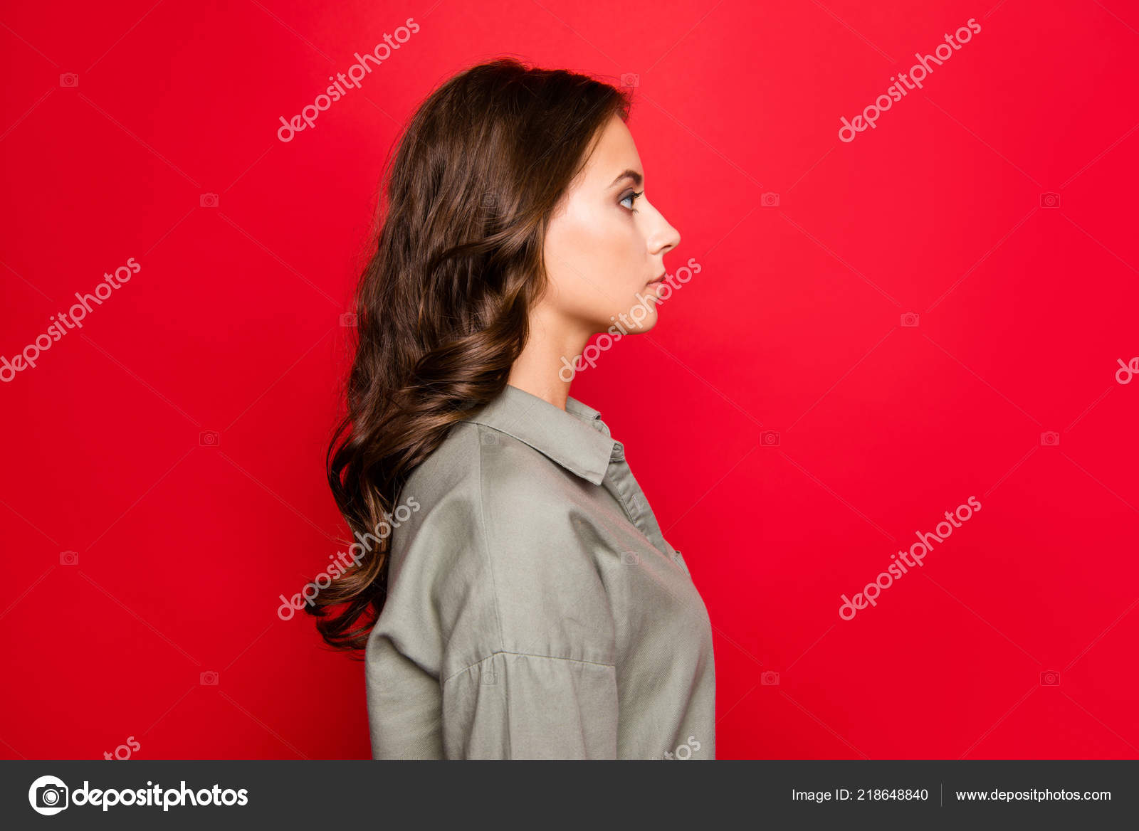 Profile Side View Portrait Focused Pretty Brunette Woman Wearing Blouse ...