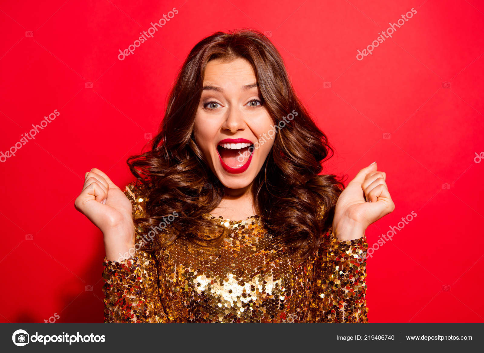 Win, winner, victory concept. Portrait of trendy lady with moder ...