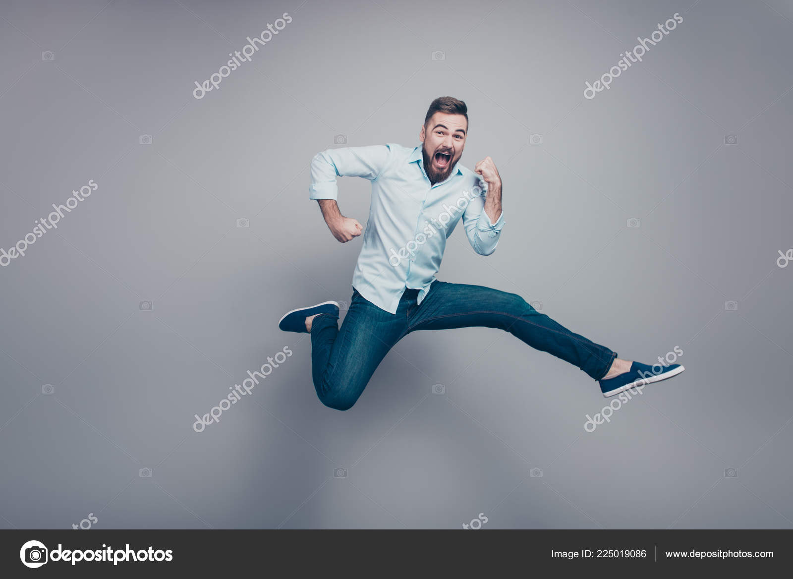 Full body size length studio photo portrait of crazy mad optimis Stock ...