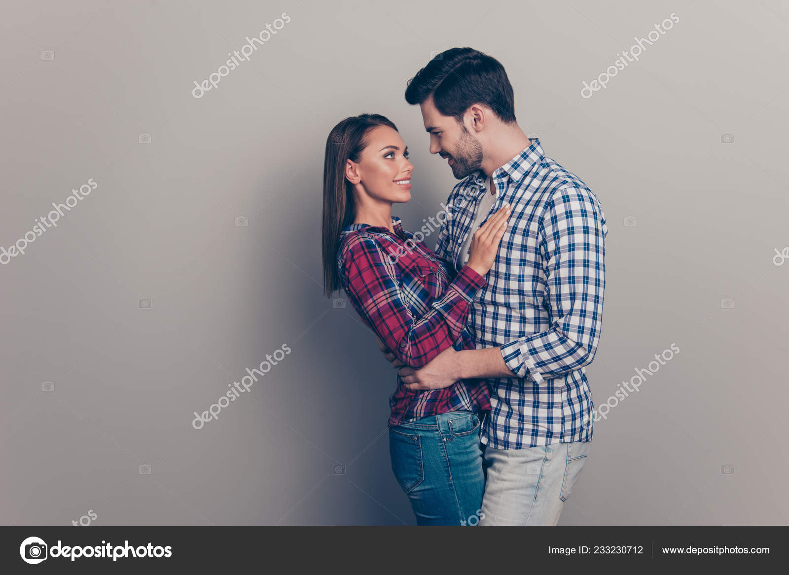 Profile side view portrait of two nice lovable attractive cheerf Stock ...