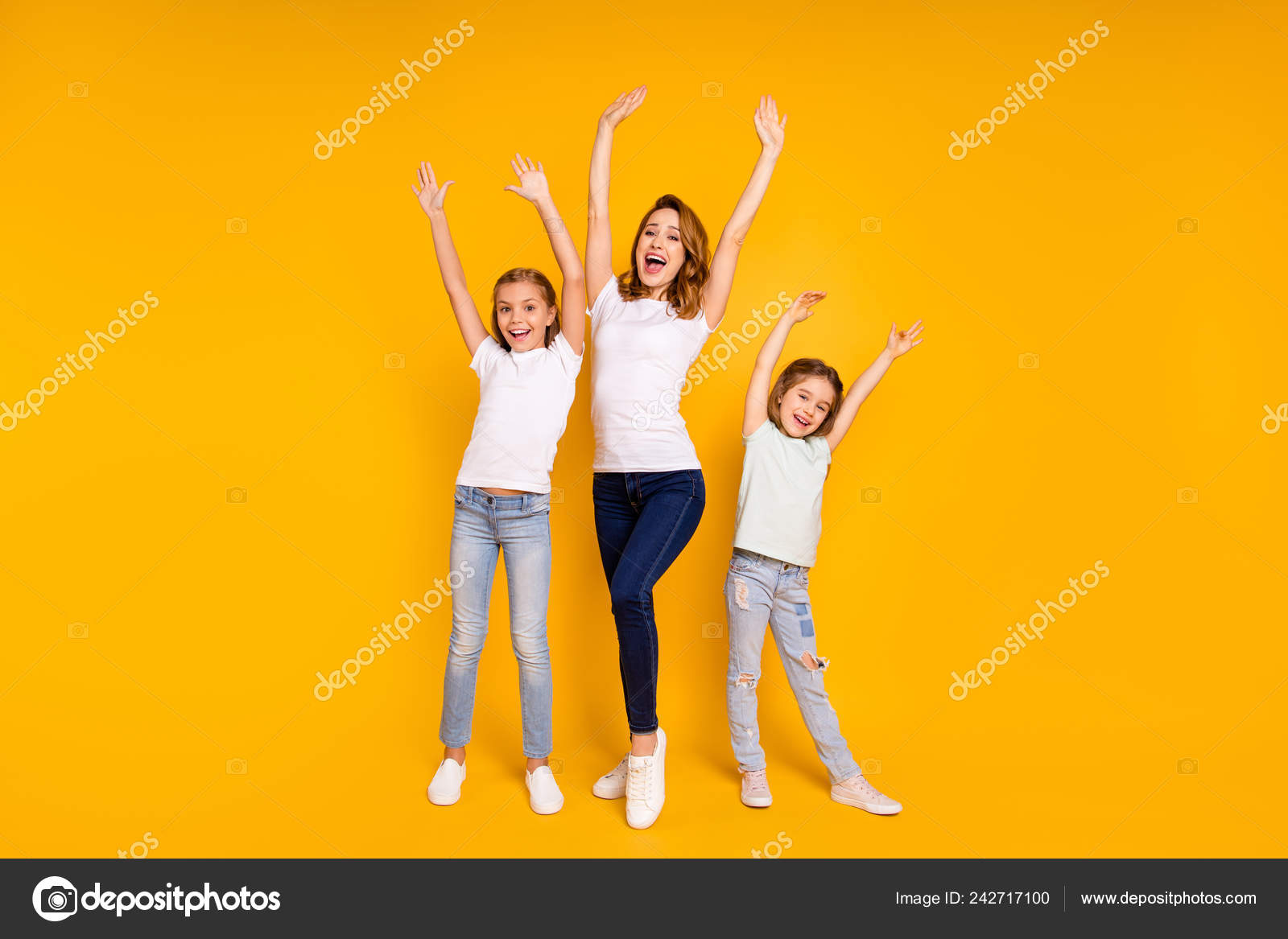 Full length body size portrait of three nice lovely slim attractive ...