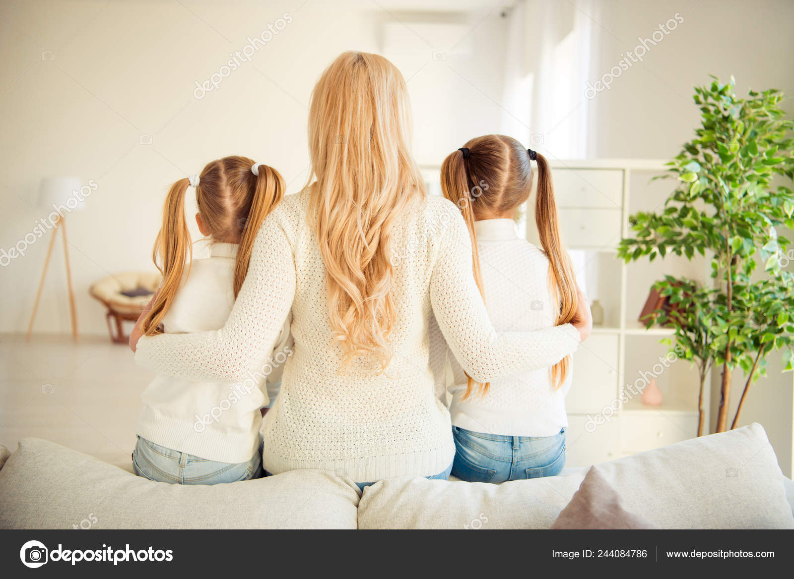 Rear back behind view of nice adorable blonde stylish trendy slim ...