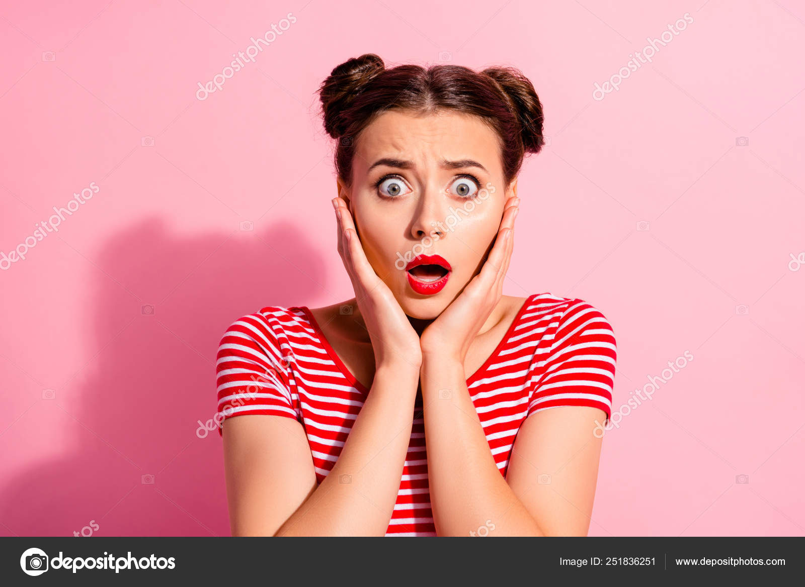 Close up photo beautiful she her lady pretty buns unexpected awkward ...