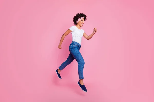 Full length body size photo of cheerful cute charming nice runner ...