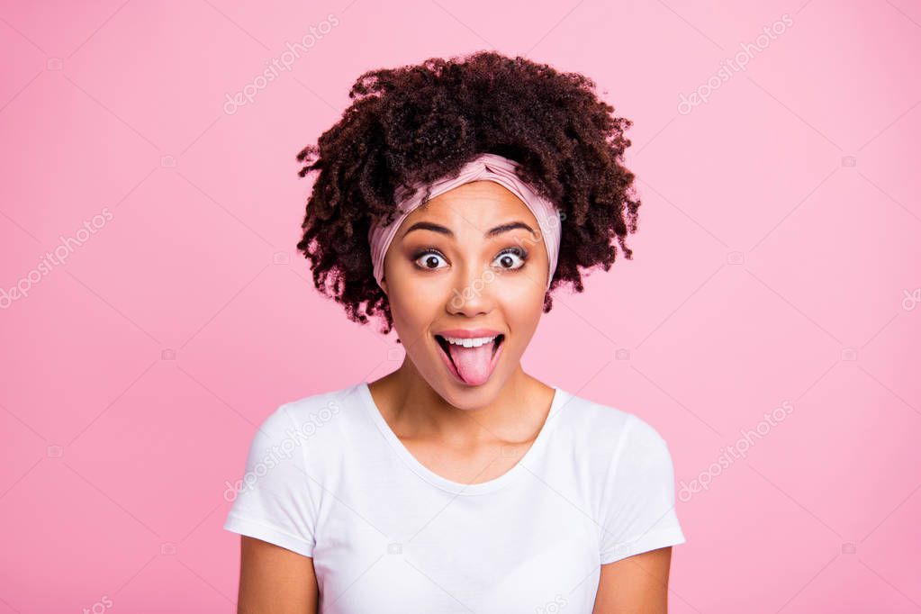 Close up photo amazing beautiful she her her dark skin funky lady tongue out mouth impolite ...