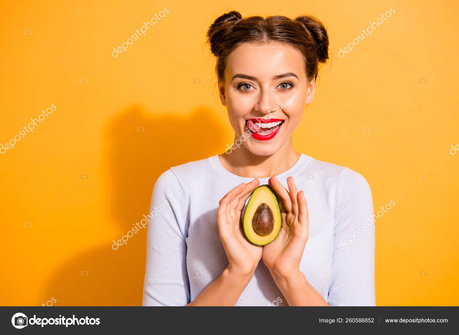 Close Up Photo Beautiful She Her Lady Pretty Hairdo Hold Slice Avocado Tongue Out Mouth Want