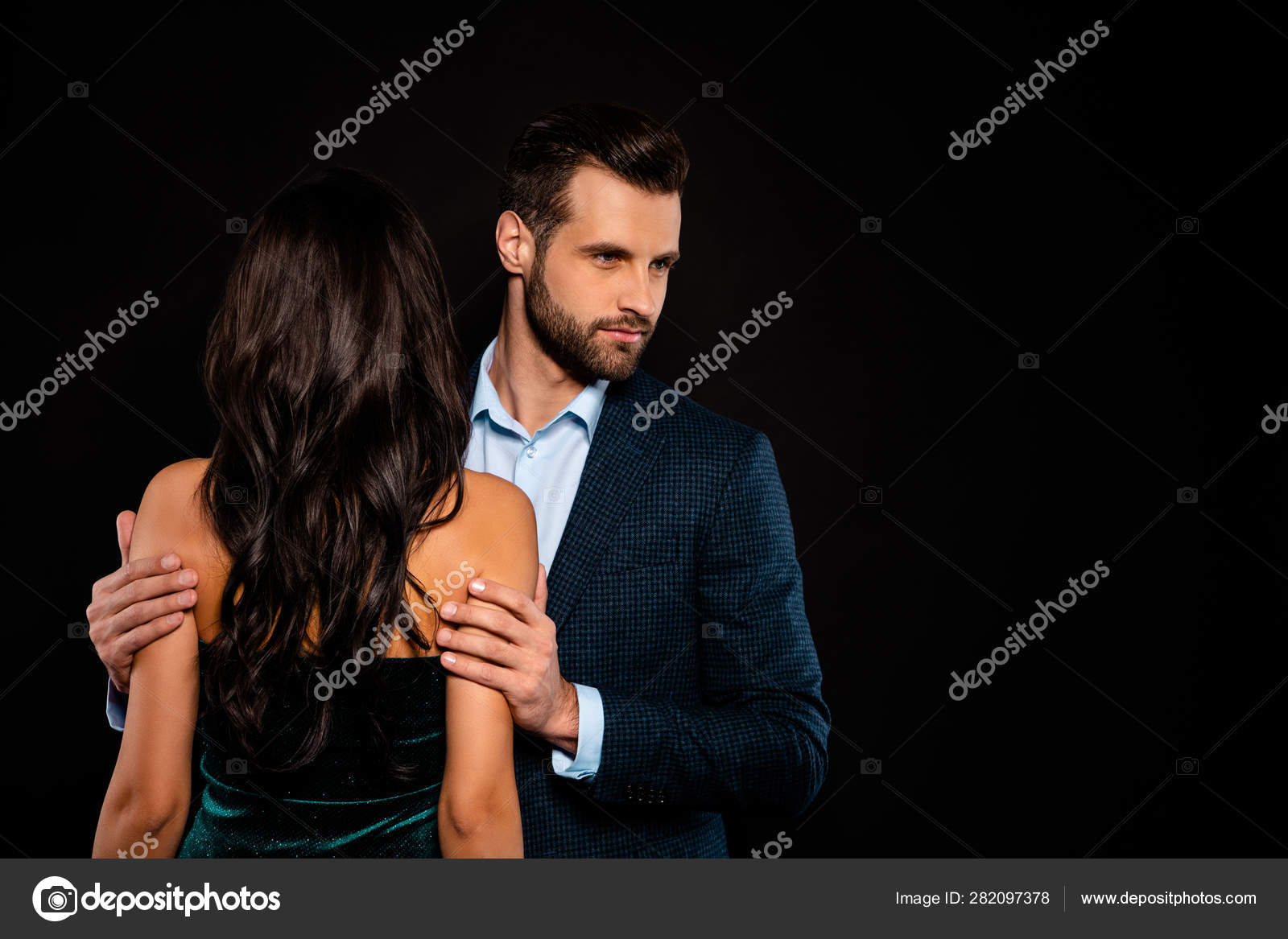 Close up back rear behind view photo beautiful she her classy wife he ...