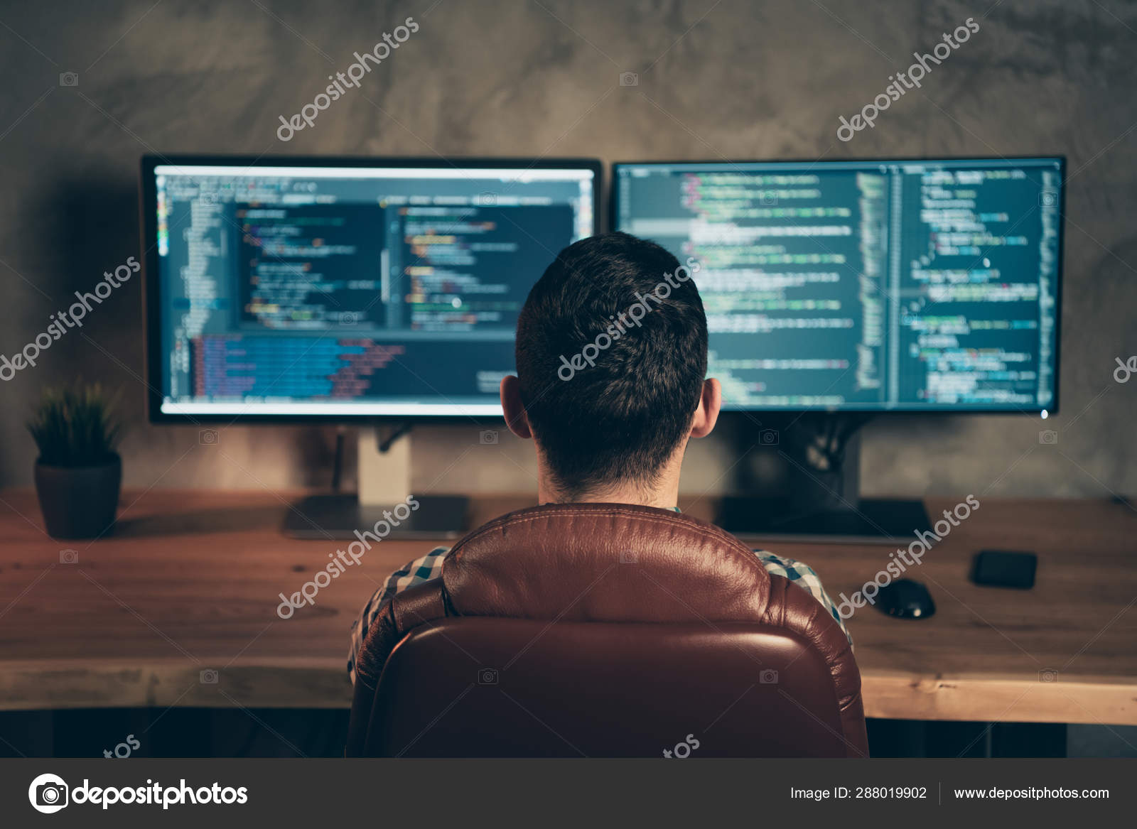 Rear back behind view of brunet guy professional expert specialist ...