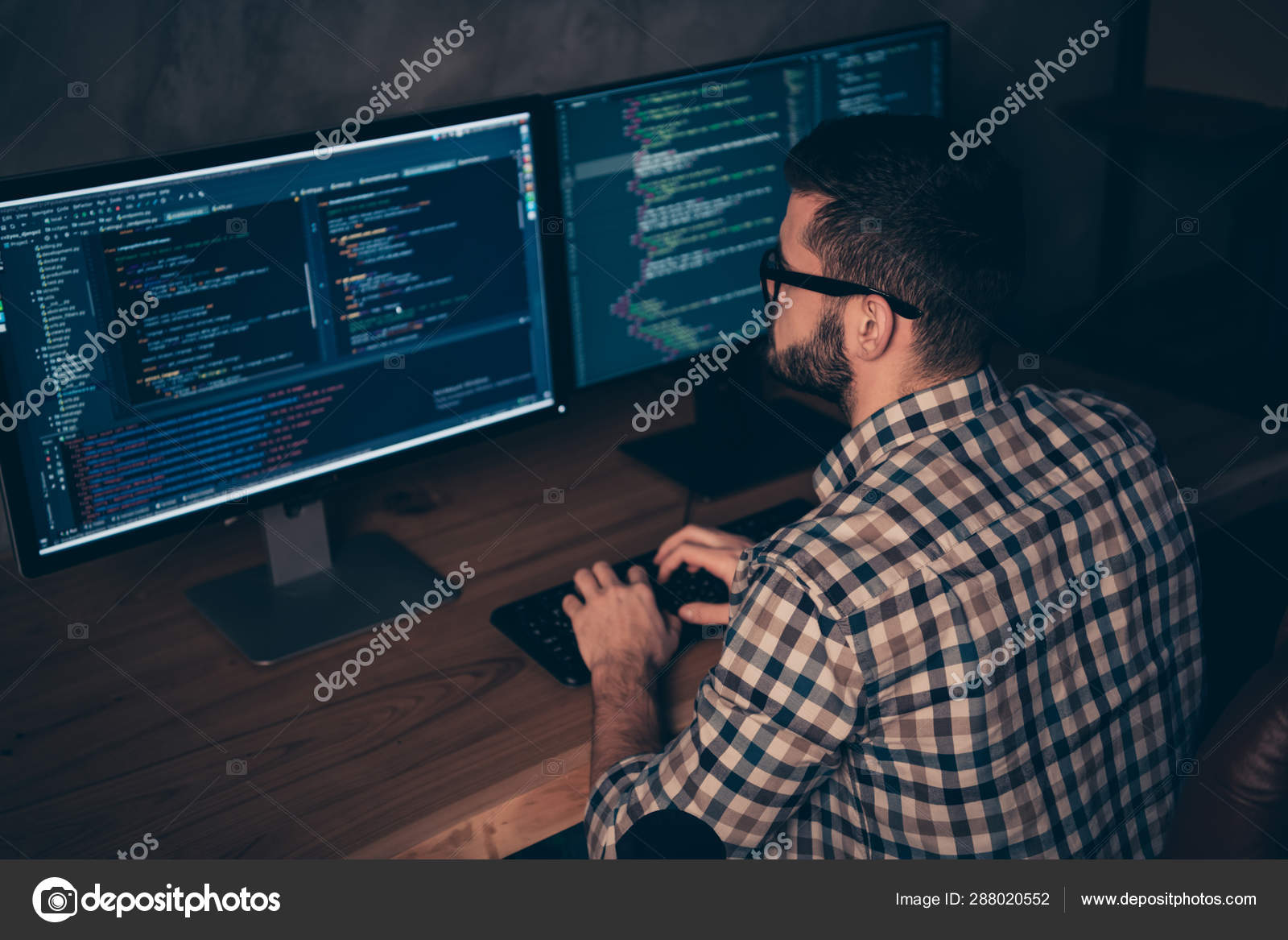 Close up back rear behind photo handsome he him his guy typing writing ...