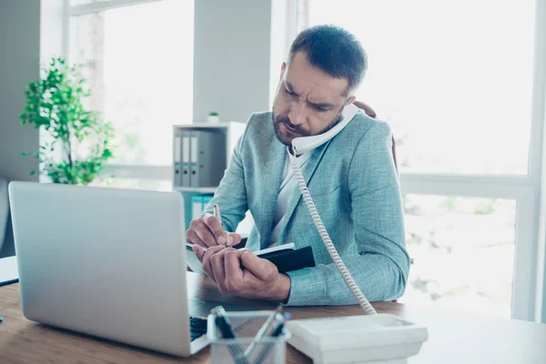 Close up photo handsome he him his guy hold paper pen pencil make notes ...