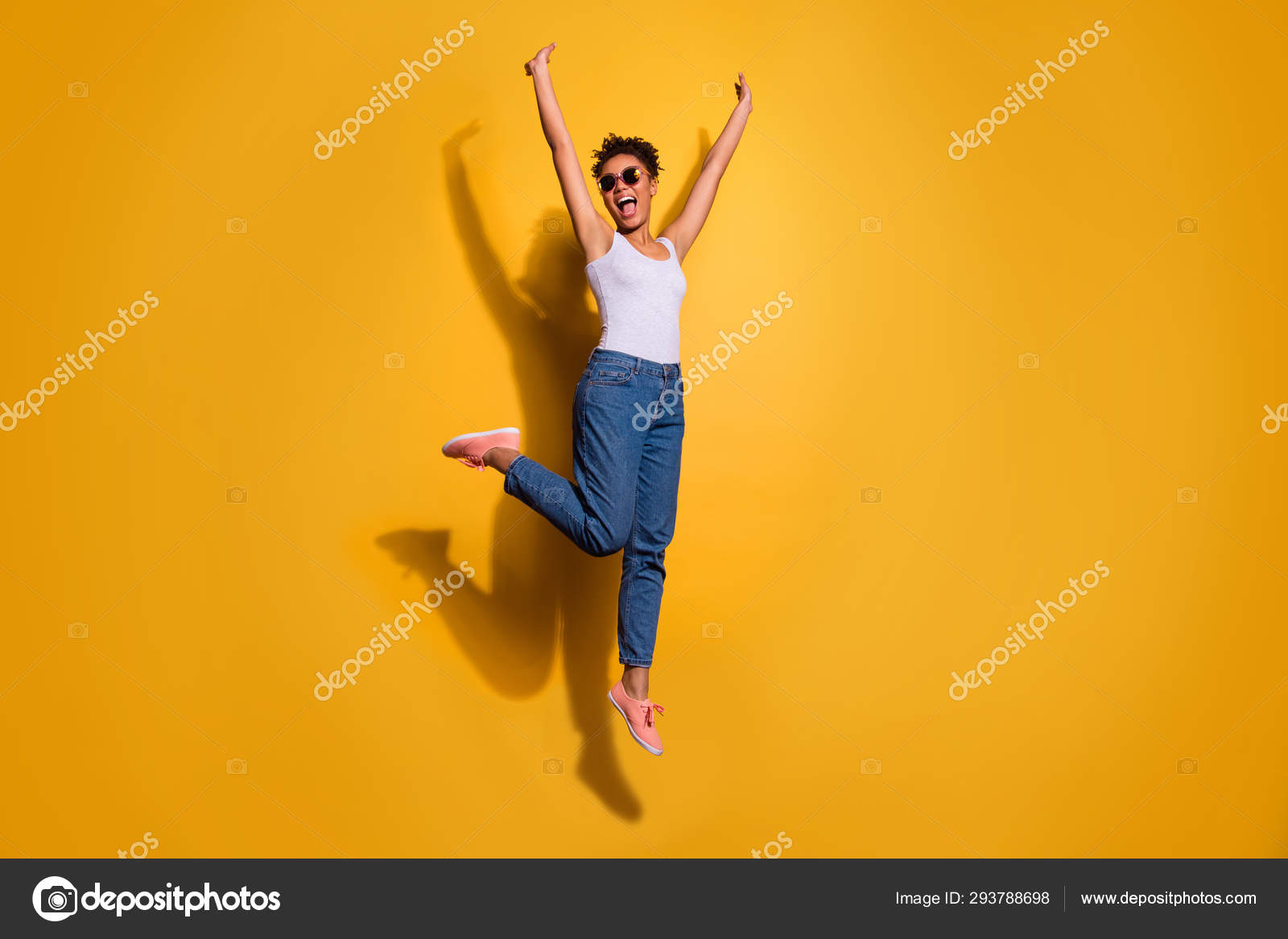 Full length body size photo beautiful she her dark skin excited lady ...