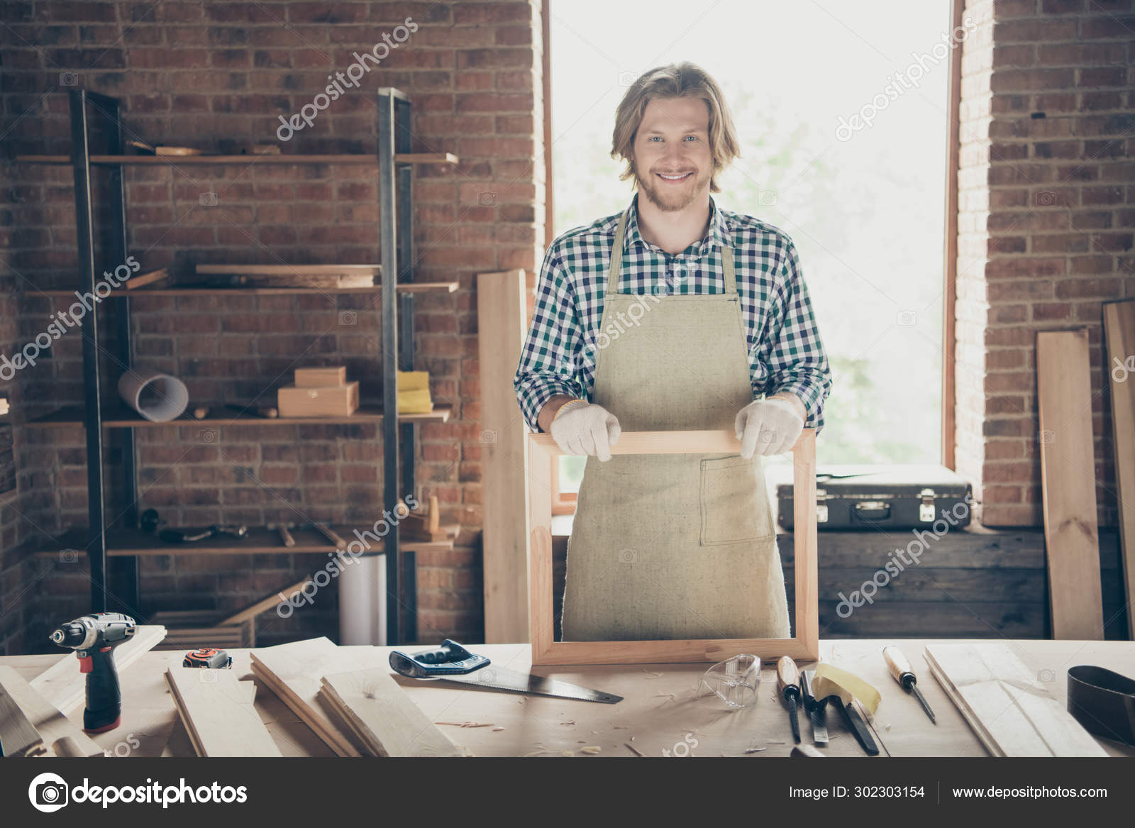 Portrait of his he nice attractive handsome blond cheerful cheery ...