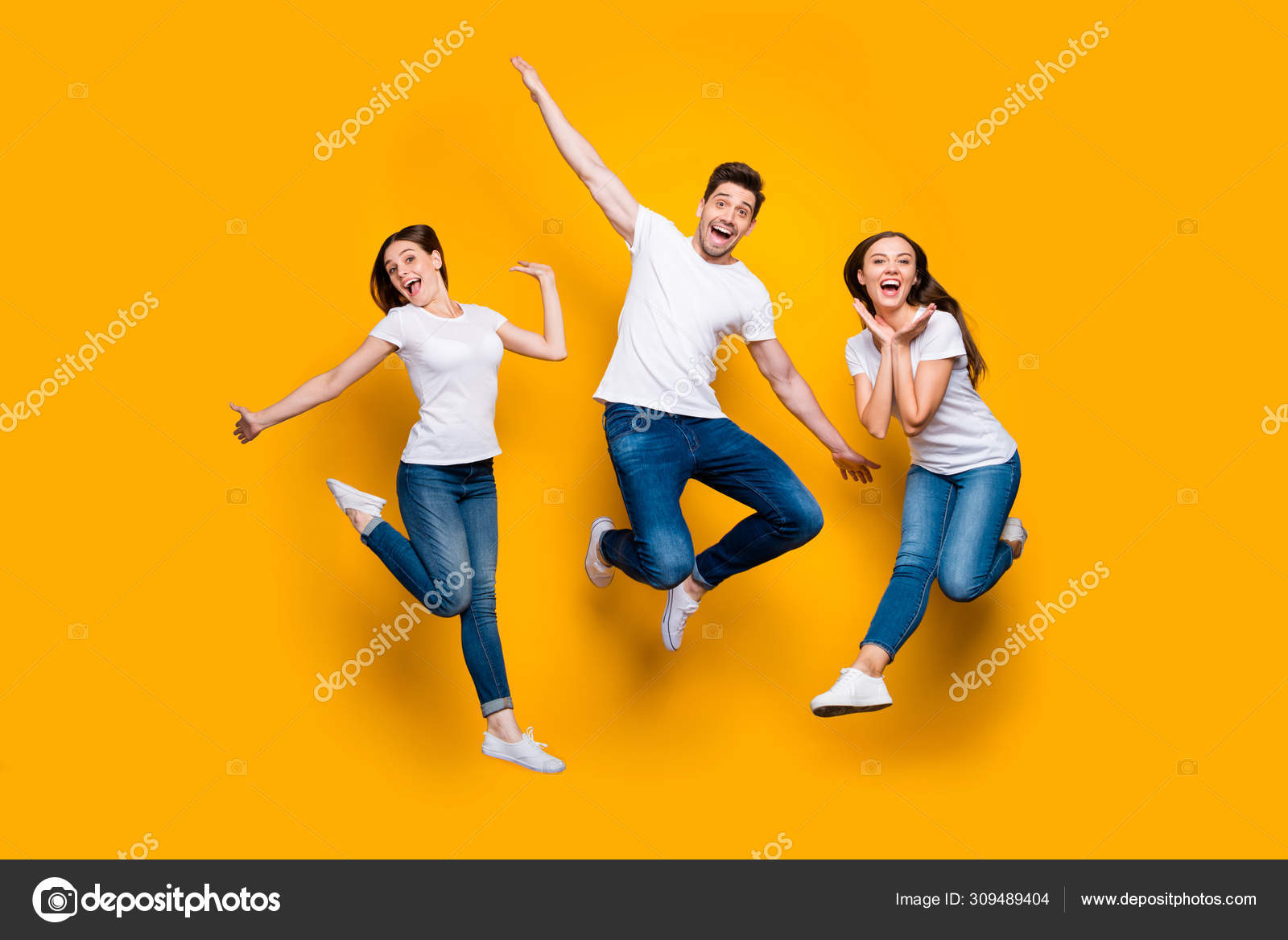 Full length body size view portrait of three nice attractive slim ...