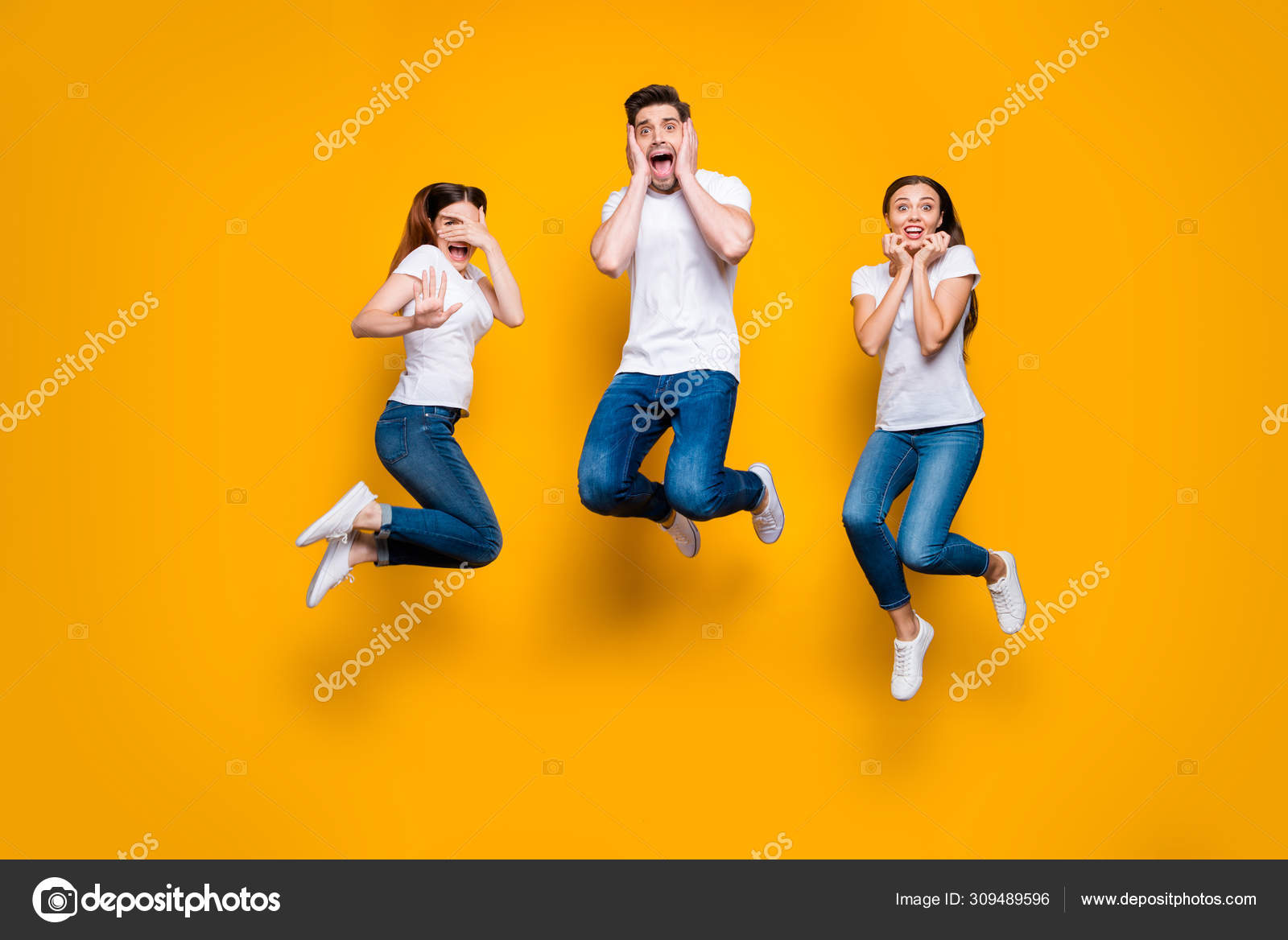 Full length body size view portrait of three nice attractive lovely ...