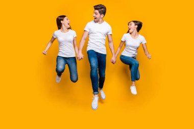 Full length body size view portrait of three nice attractive slim ...