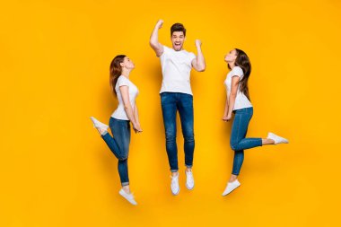 Full length body size view portrait of three nice attractive slim ...