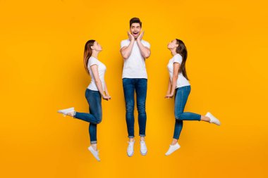 Full length body size view portrait of three nice attractive slim ...