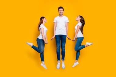 Full length body size view portrait of three nice attractive slim ...