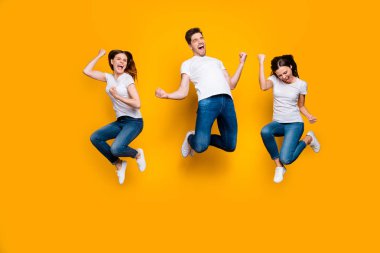 Full length body size view portrait of three nice attractive slim ...