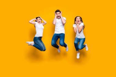 Full length body size view portrait of three nice attractive slim ...